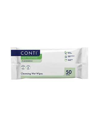 Conti® Plastic-Free Cleansing Flushable Wet Wipes 50 pk – Ctn/12